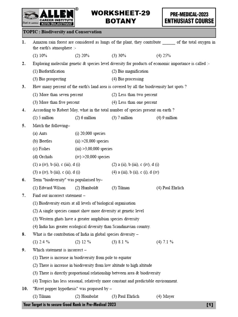 Biodiversity and Conservation Worksheet | PDF | Biodiversity ...