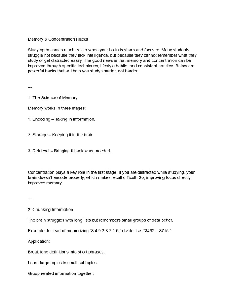 Memory And Concentration Improvement Hacks Pdf Memory Recall Memory