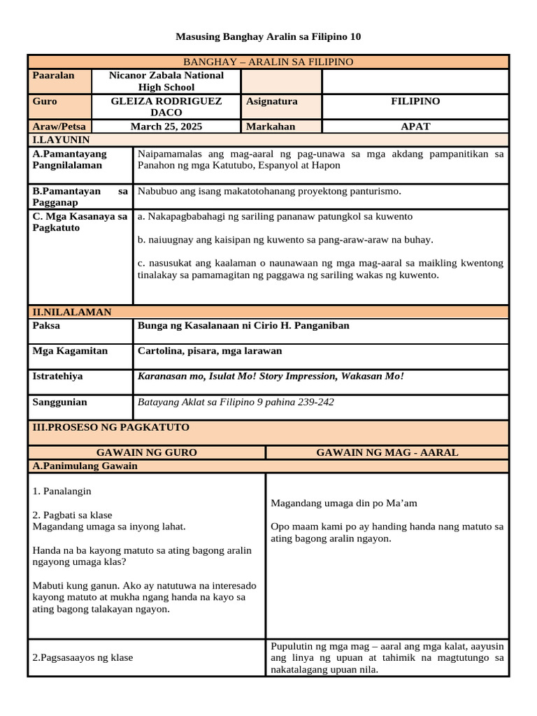 Masusing Banghay Aralin Sa Filipino 8 BA | PDF