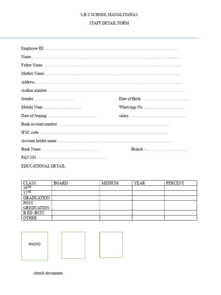 Staff Detail Form for S.B.S School | PDF