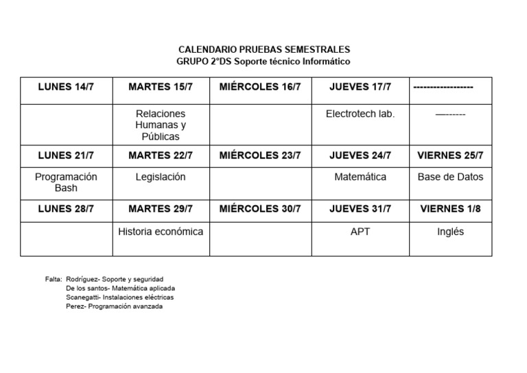 Calendario Pruebas Semestrales 2 Ds | PDF