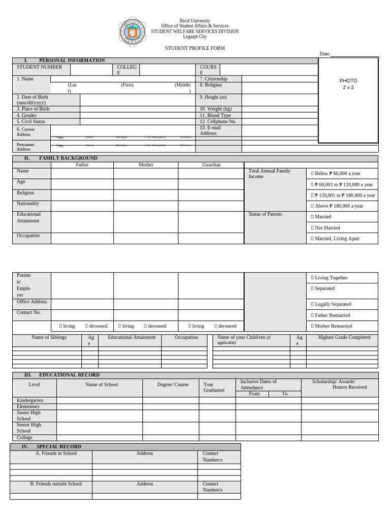 BU F OSAS (USWSD) 02 Individual Student Profile | PDF | Vaccination | Public Health