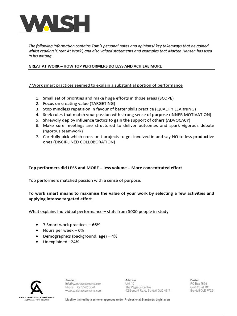 Key Insights from "Great At Work" | PDF