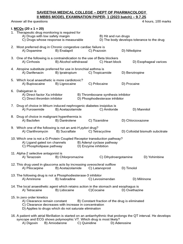 Model Exam- Paper i - 2025[1] | PDF | Heart | Pharmacology