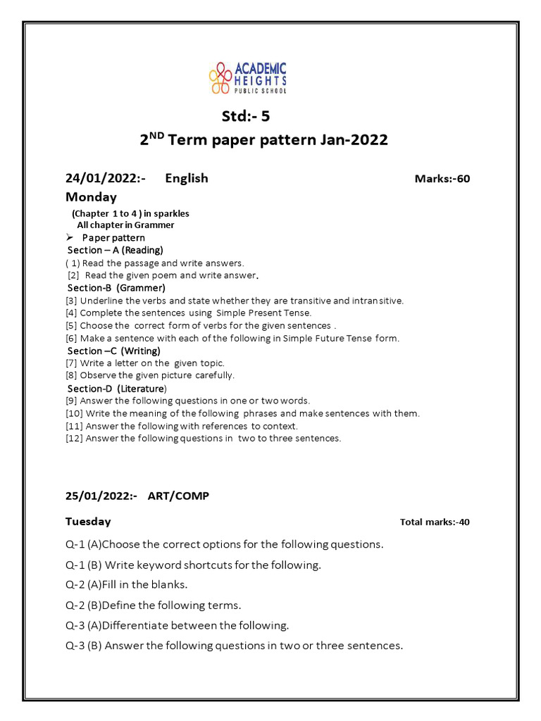 Std-5 Paper Pattern (T-II) | PDF | Verb | Linguistic Morphology