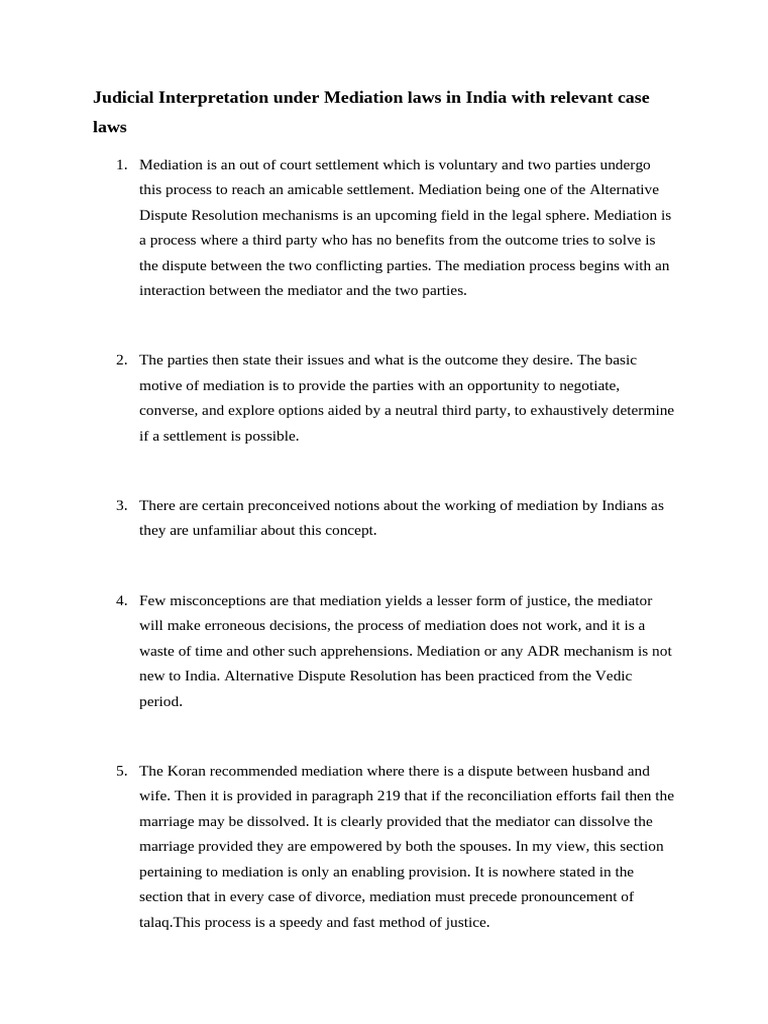 Judicial Interpretation Under Mediation Laws in India With Relevant ...
