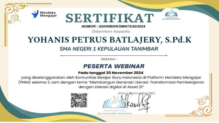 Sertifikat Yohanis Petrus Batlajery, S.PD.K Weinar Membangun Generasi ...