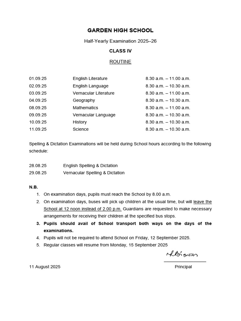 Class IV Half-Yearly Exam Schedule 2025 | PDF