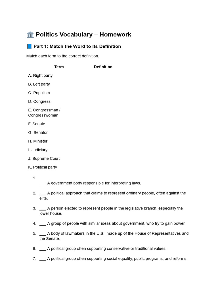 ? Politics Vocabulary - Homework | PDF | United States Congress ...