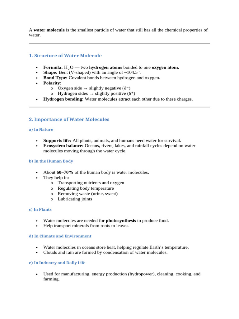 Structure and Importance of Water Molecules | PDF
