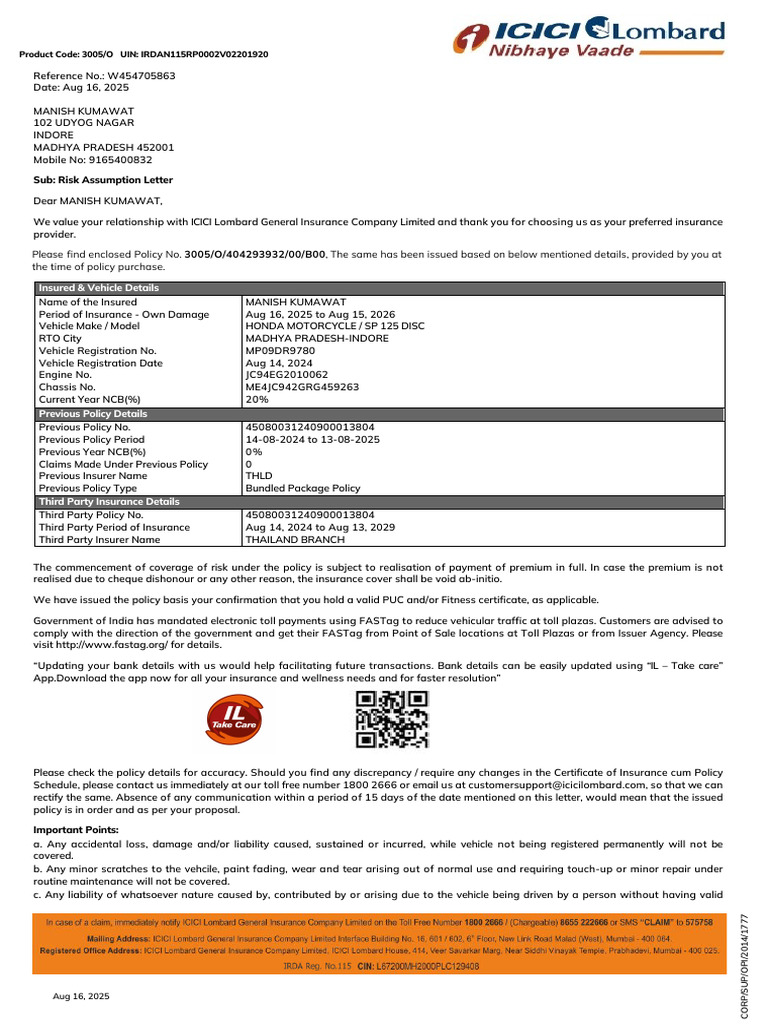 ICICI Lombard Two-Wheeler Insurance Policy | PDF | Insurance | Pro Rata