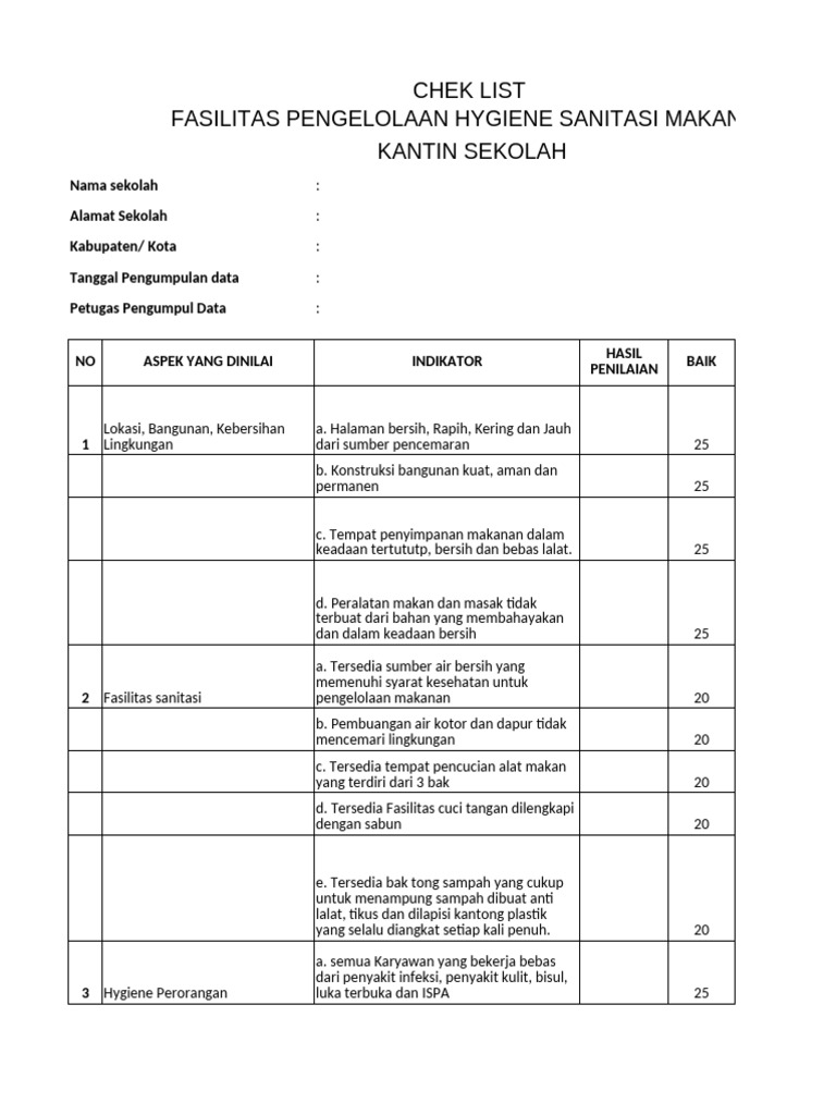 Checklist Hygiene Sanitas Kantin Sekolah | PDF