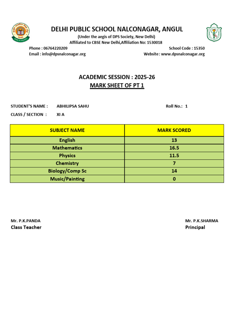 Class XI A PT 1 Mark Sheet 2025-26 | PDF