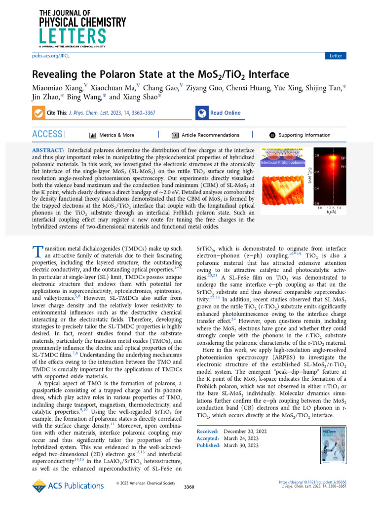 Xiang Et Al 2023 Revealing The Polaron State at The Mos2 Tio2 Interface ...