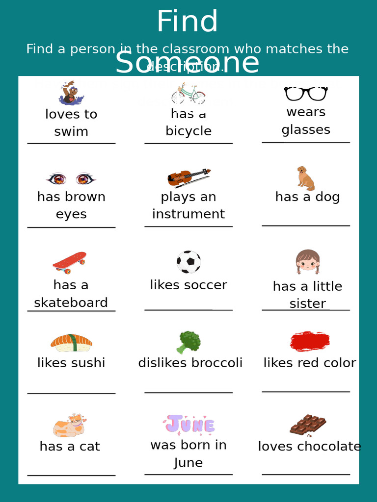 Find Someone Who Icebreaker Worksheet in Green Colorful Style | PDF
