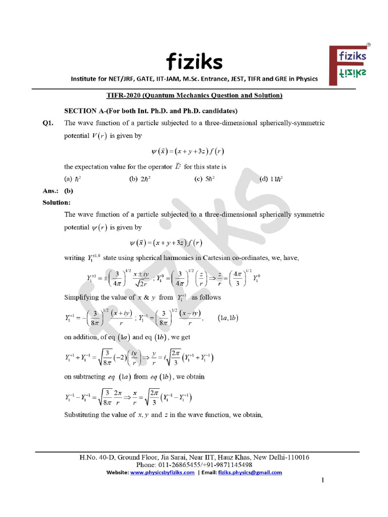 TIFR Quantum Mechanics (2016-2020) | PDF
