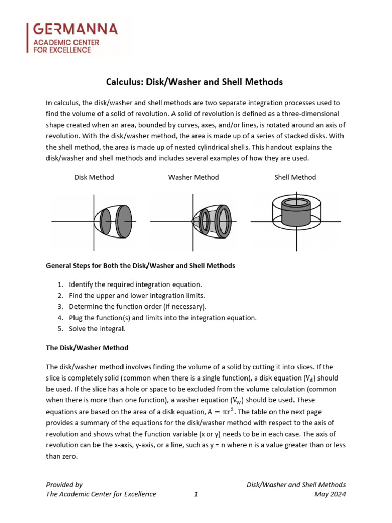 Disk/Washer and Shell Methods Explained | PDF | Integral | Area