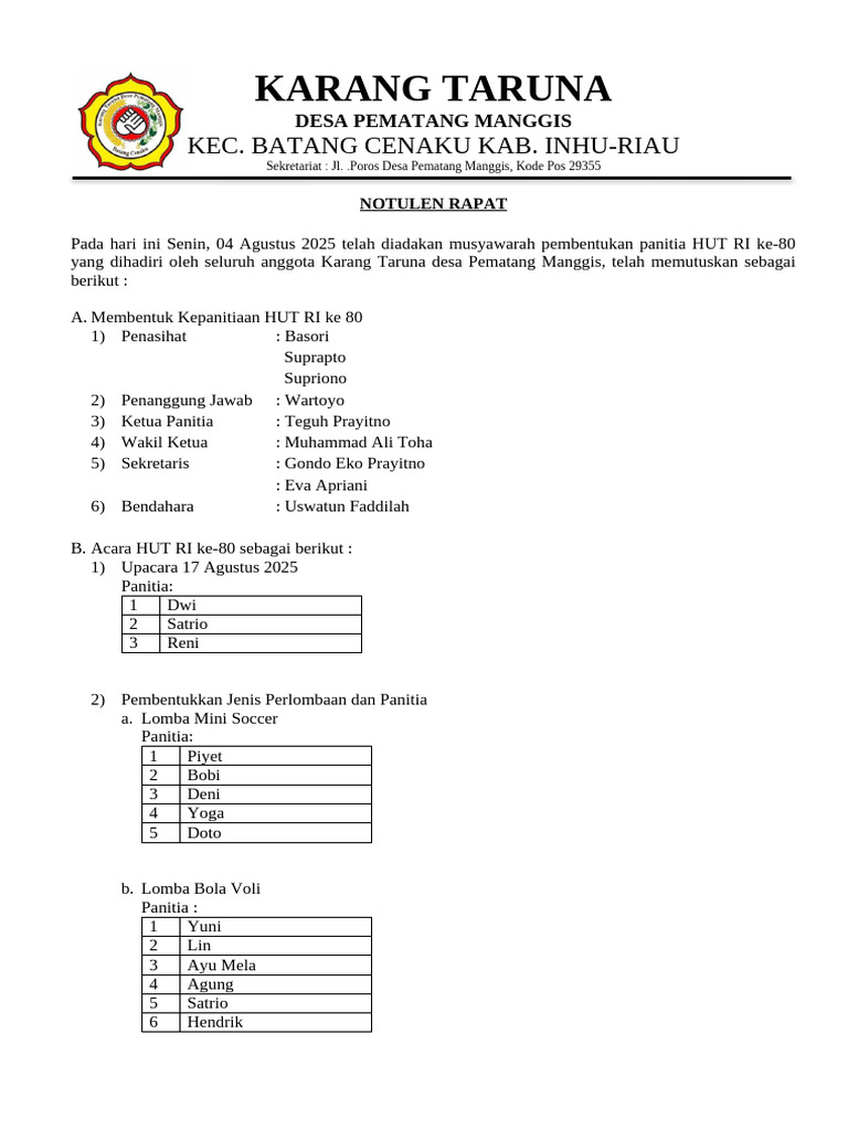 Notulen Rapat Panitia HUT Ri 80 | PDF