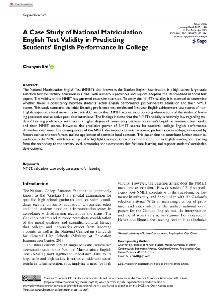 A Case Study of National Matriculation English Test Validity in ...