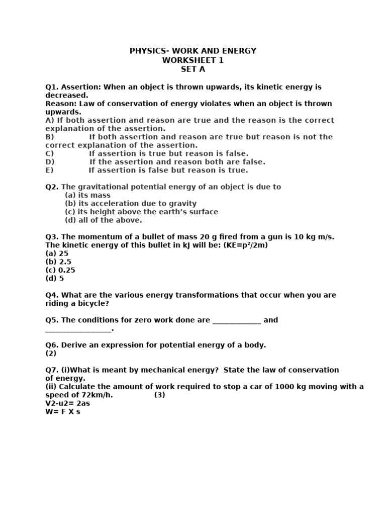 Physics Worksheet: Work and Energy Concepts | PDF
