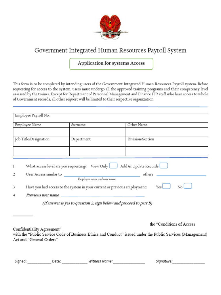IHRM Payroll System Access Request Form | PDF | Payroll | Human ...