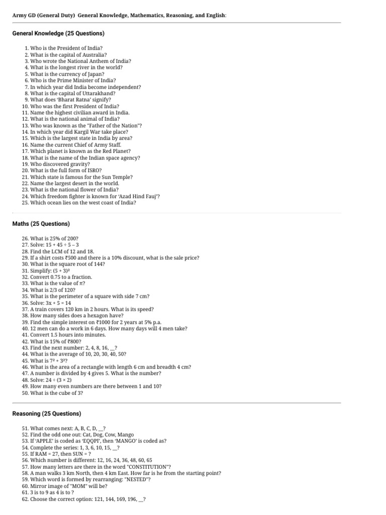 Army GD Sample Paper 2. | PDF