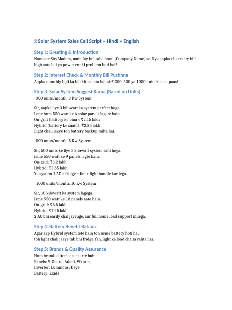 Solar System Sales Call Script Jay | PDF