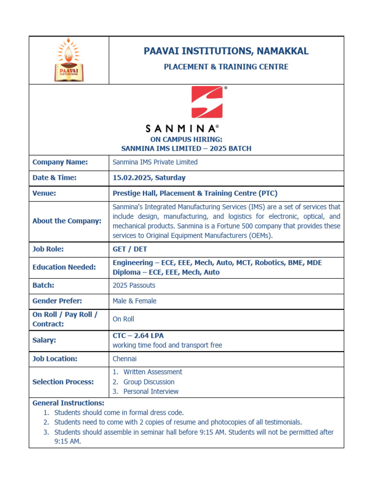 Sanmina IMS Hiring for 2025 Graduates | PDF