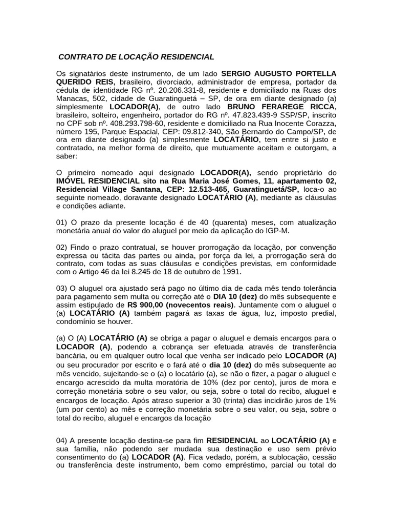 Contrato de Locação Residencial SP | PDF | Aluguel | Juros