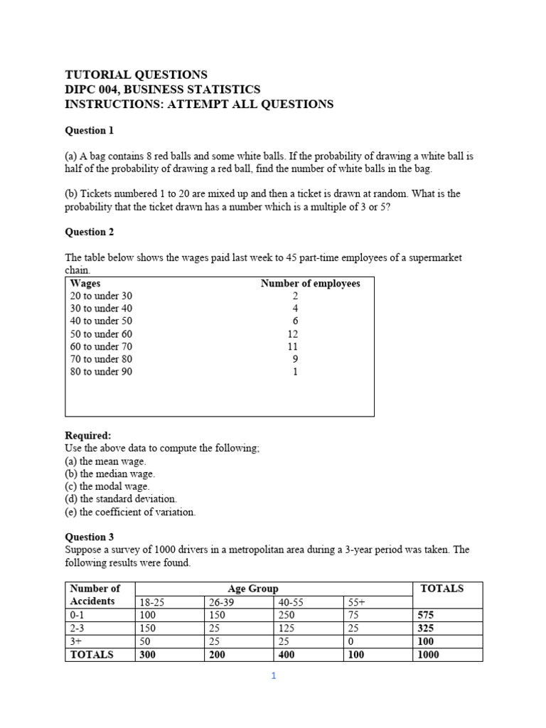 Business Statistics Tutorial Questions | PDF | Statistics | Probability ...