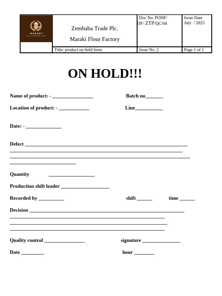 Product Hold Form for Quality Control | PDF
