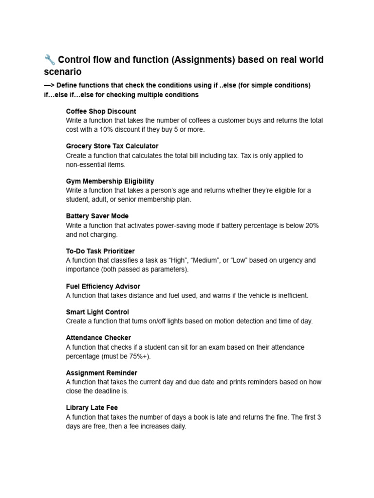 ? Programming Fundamentals Control Flow and Function (Assignments) Based On Real World Scenario ...