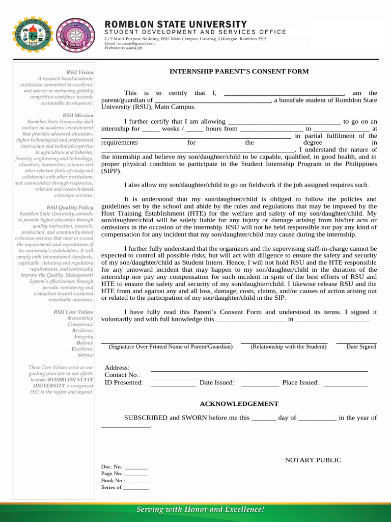 Internship Parents Consent Form | PDF | Justice | Crime & Violence
