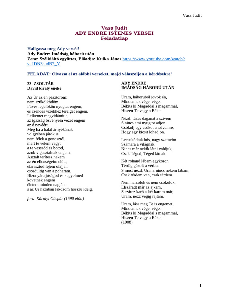 Ady Istenes Versei Feldatlap | PDF