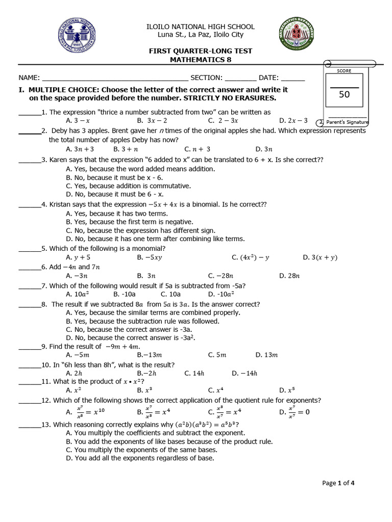Mathematics 8 First Quarter Test | PDF | Factorization | Polynomial