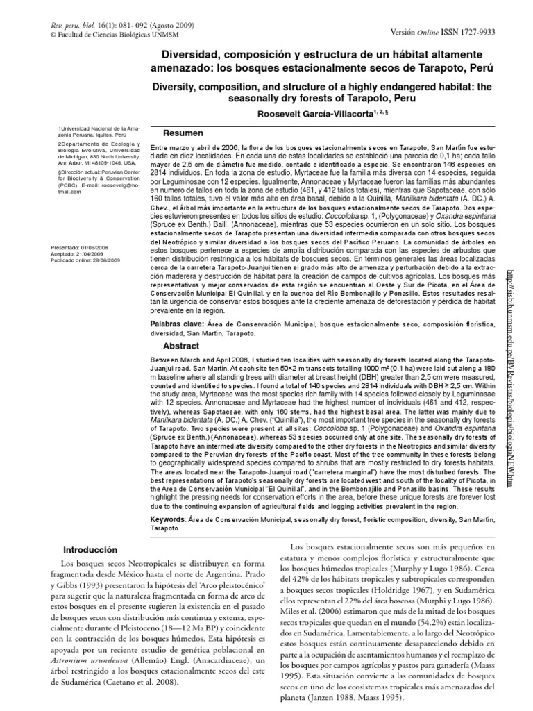 Diversidad, Composición y Estructura de Bosques - Tarapoto | PDF | Los ...