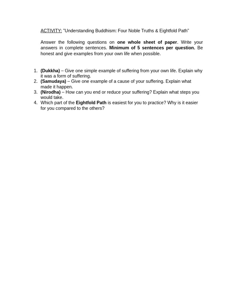 Understanding Buddhism Four Noble Truths Eightfold Path Activity | PDF