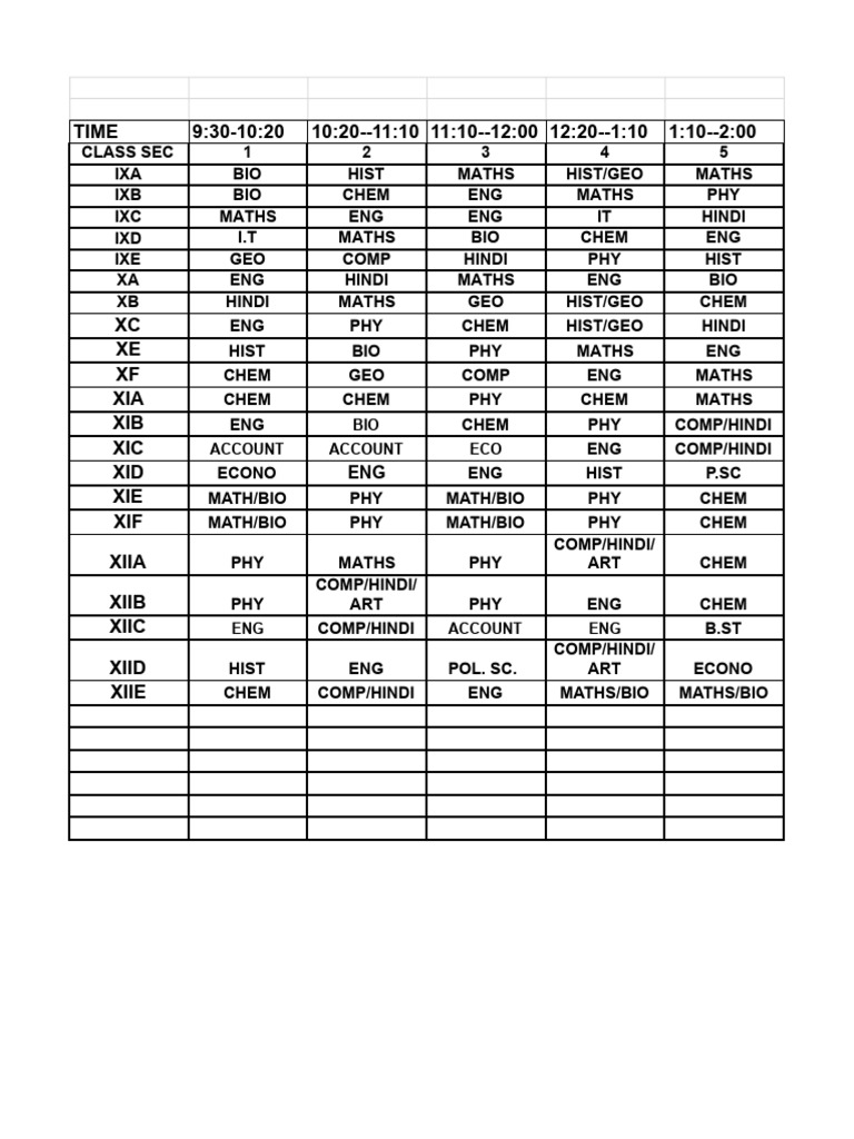 Updated Class Wise Time Table 2025-26 NEW | PDF
