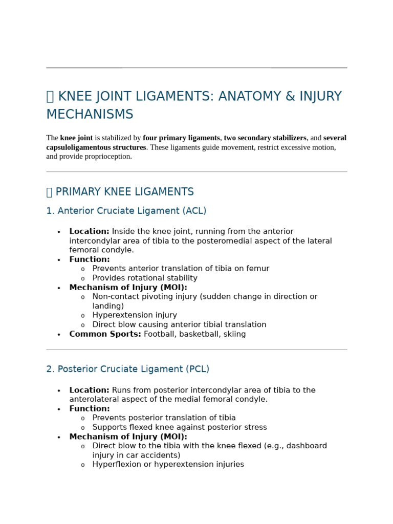 Knee Joint Ligaments: Anatomy & Injury | PDF | Knee | Soft Tissue