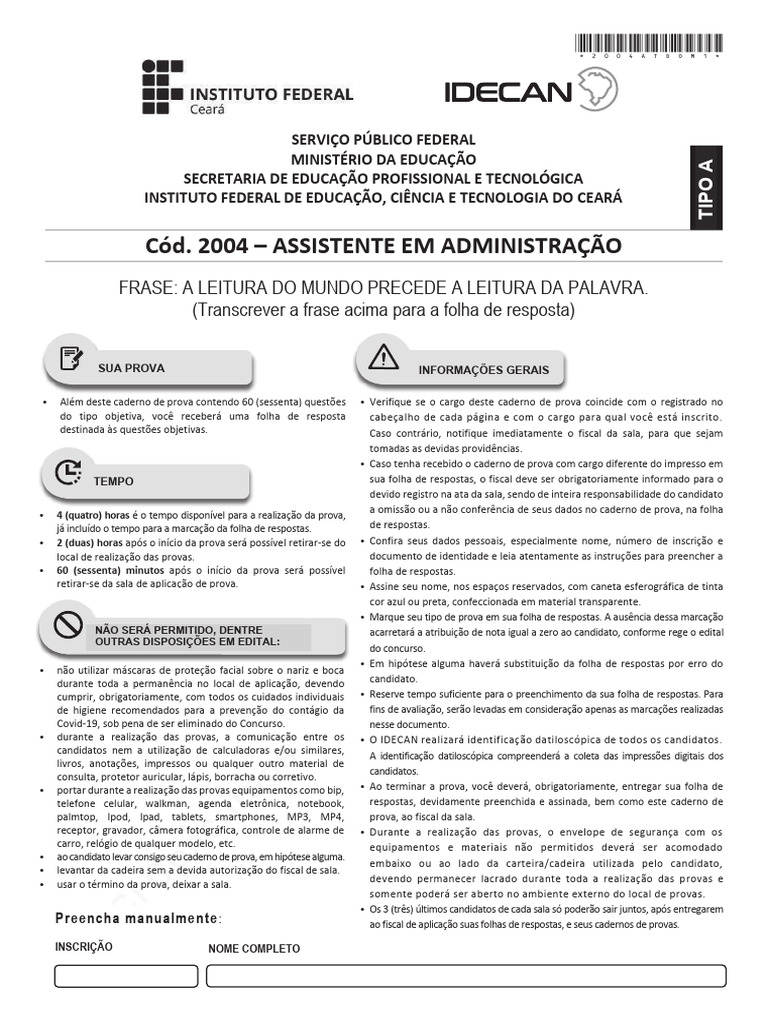 Instruções para Prova de Assistente Administrativo | PDF | Gestão de ...