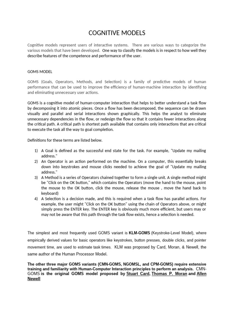 GOMS Model in Human-Computer Interaction | PDF | Computing | Human ...