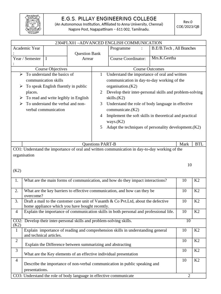 QB-2304FLX01-Advanced English Communication | PDF | Communication | Behavior Modification