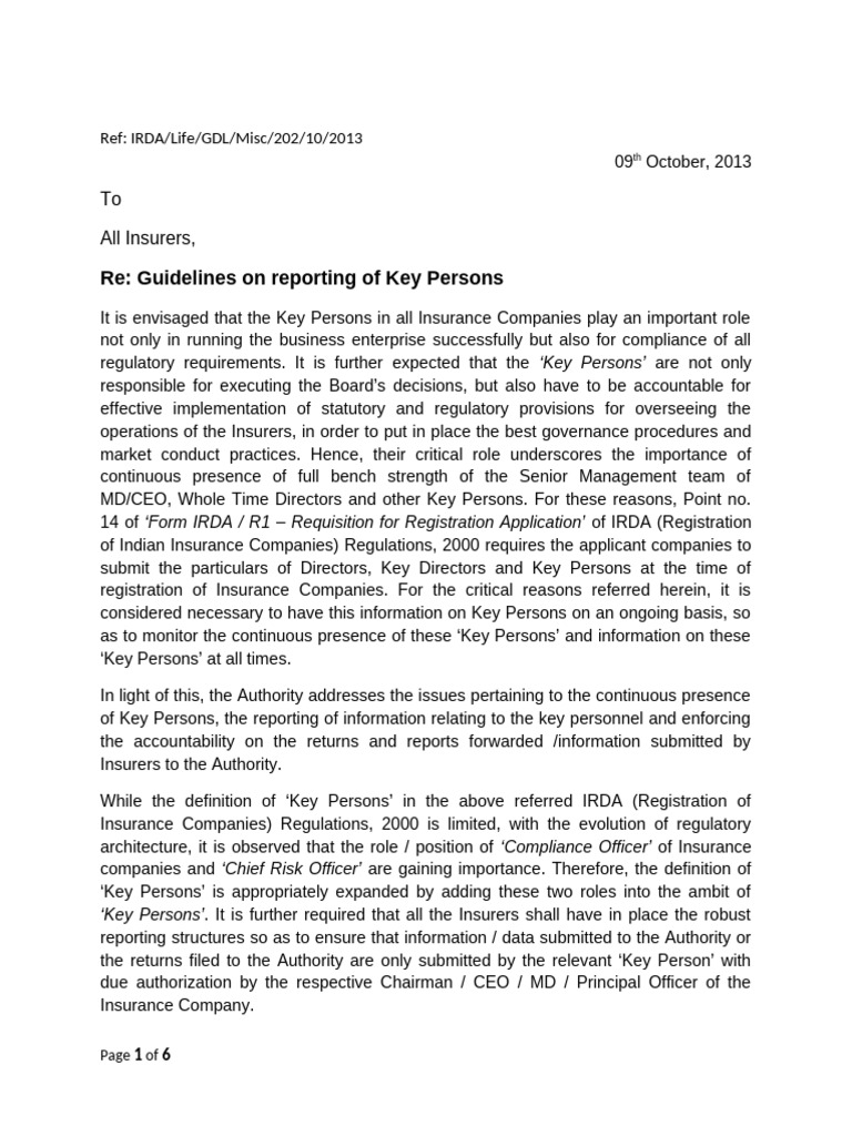 Guidelines for Reporting Key Persons in Insurance | PDF | Regulatory ...