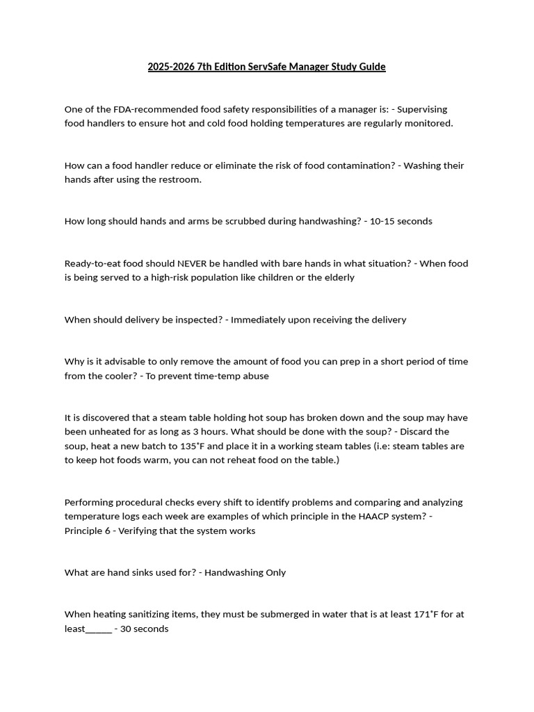 2025-2026 7th Edition ServSafe Manager Study Guide | PDF | Food Safety ...