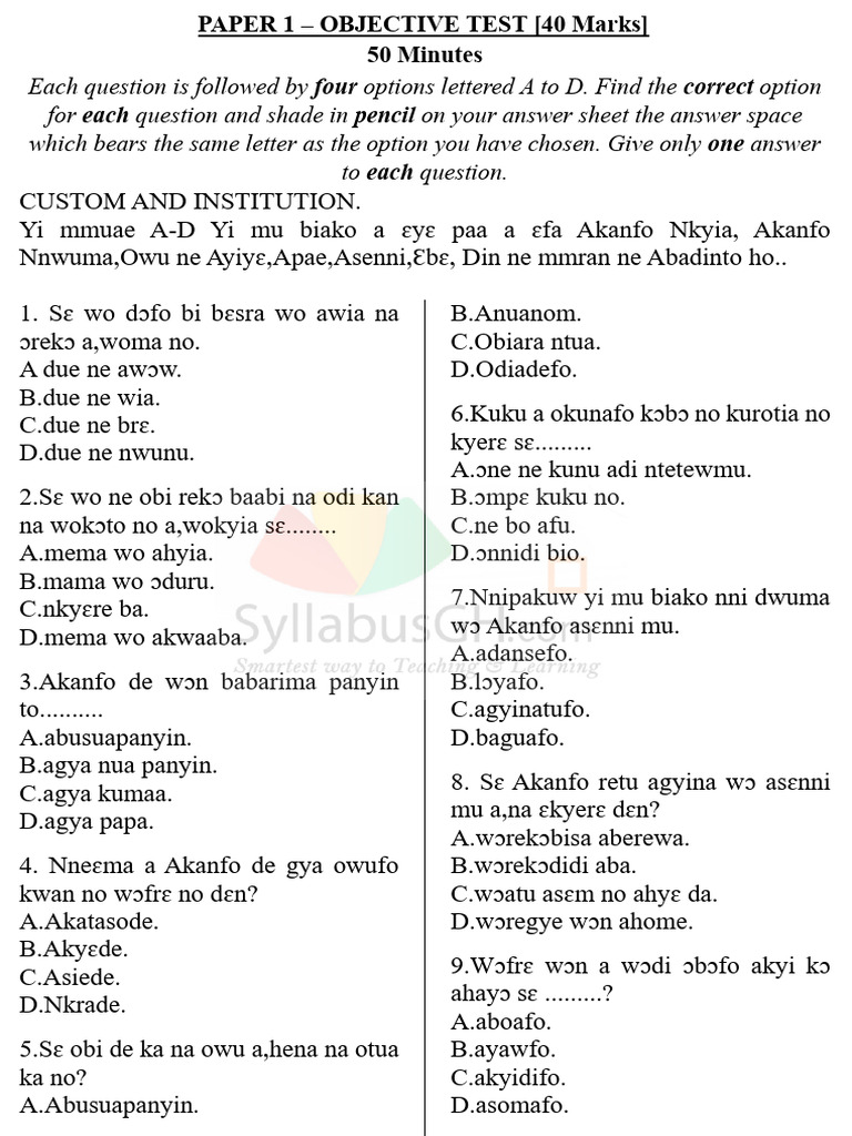 Asante Twi BECE Practice Questions | PDF