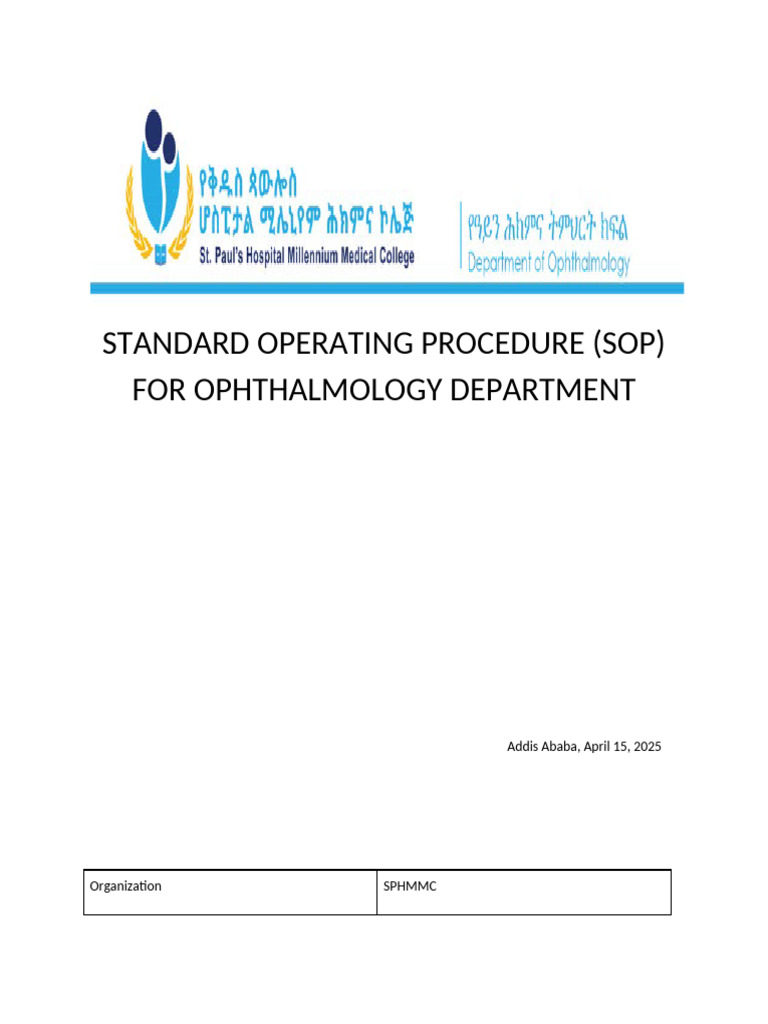 Ophthalmology Dep't SOP (OPD & Or) | PDF | Ophthalmology | Surgery