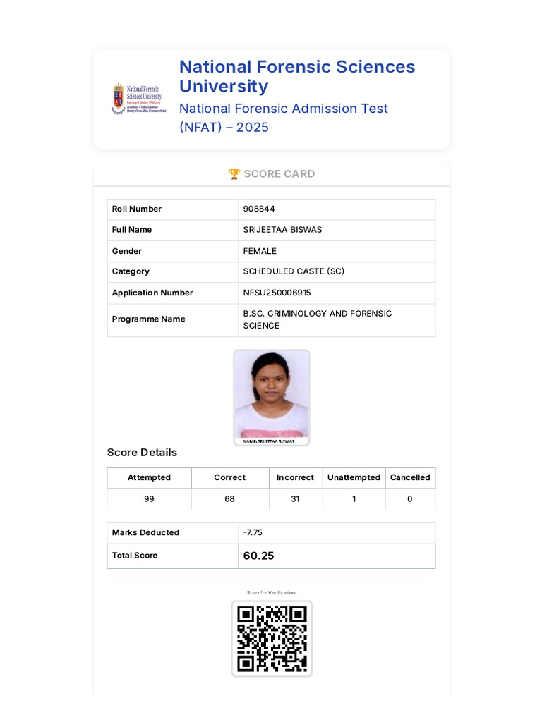 NFAT 2025 Score Card for Srijetaa Biswas | PDF