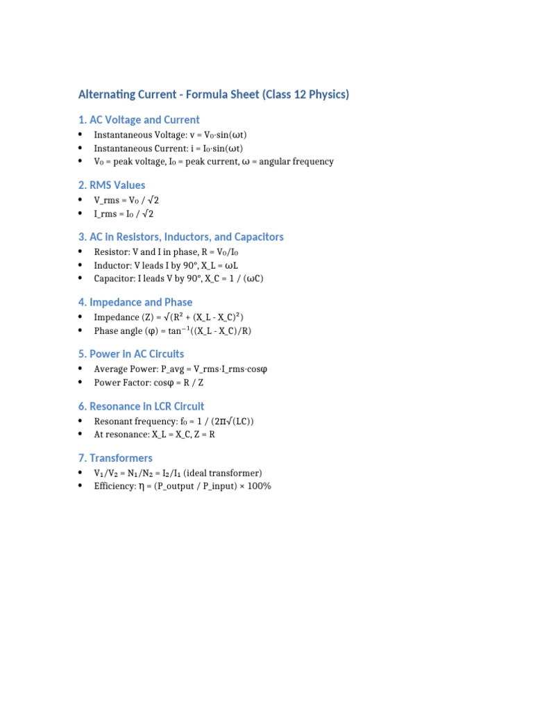 Alternating Current Formula Sheet Class12 | PDF