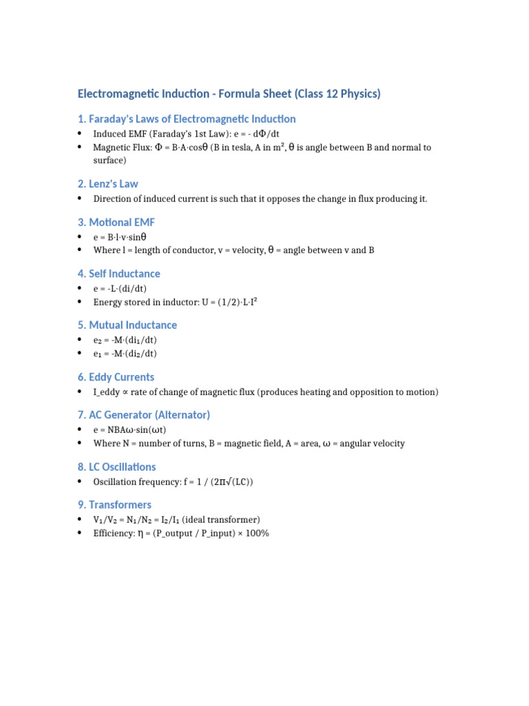 Electromagnetic Induction Formula Sheet Class12 | PDF