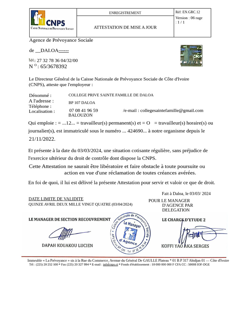 Attestation de mise à jour CNPS | PDF